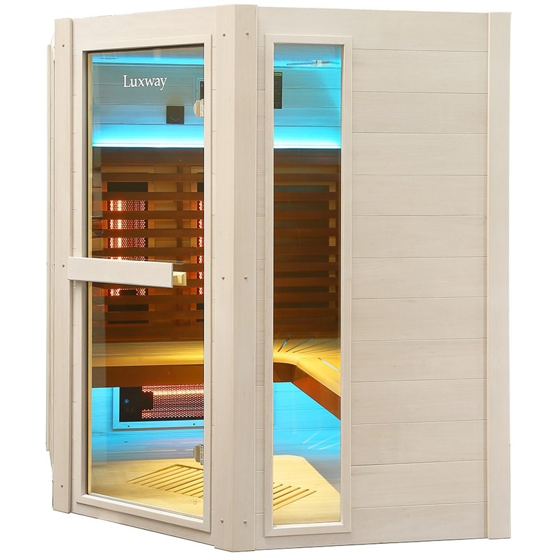 A corner sauna in elegant design with Abachi and cedar wood